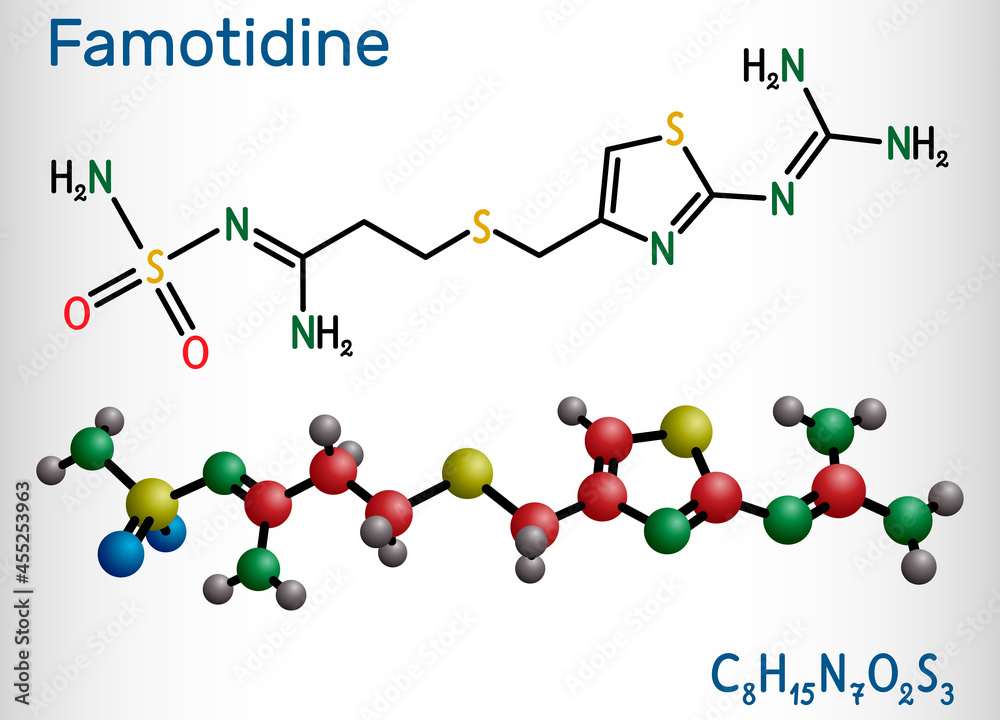 Famotidine, molecule. It is used for treatment of peptic ulcer disease ...