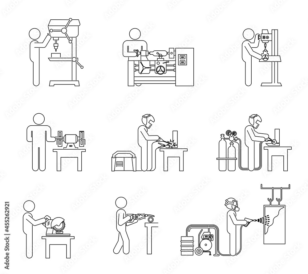 Pictograms line Icon collection of electric machine tools for metal ...