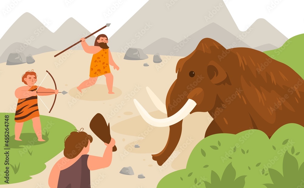Stone age hunting. Ancient men chasing mammoth animal, angry caveman ...