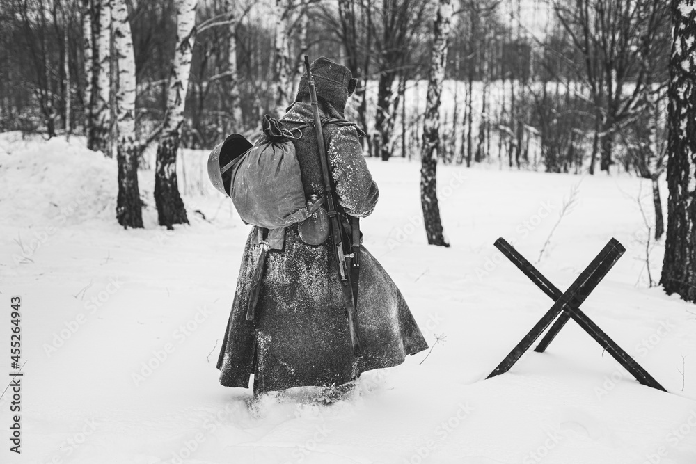 World War II Russian Soviet Red Army Soldier Marching Through Snowy ...