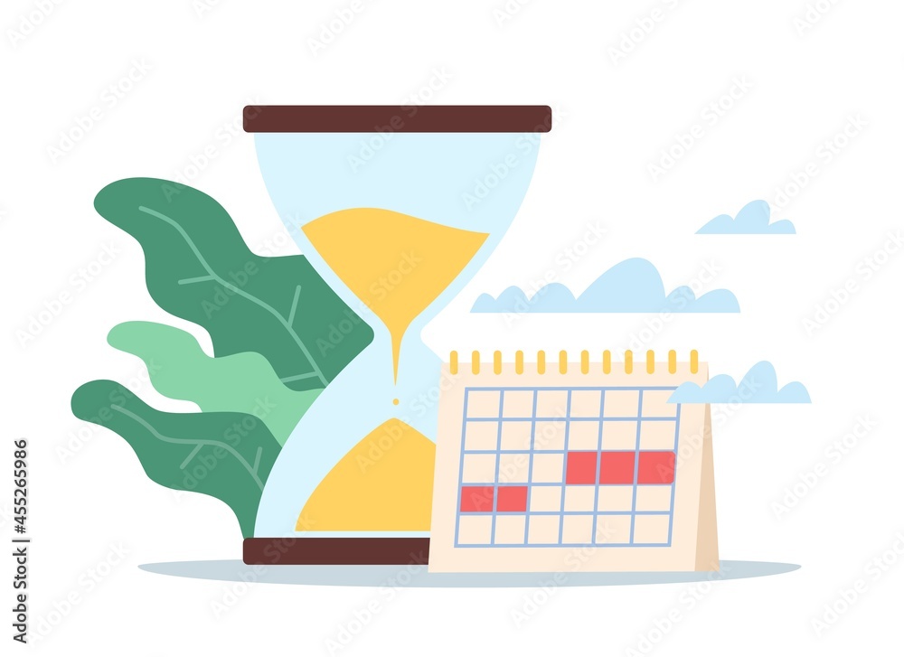 The passage of time and days. Glass hourglass and paper spiral calendar ...