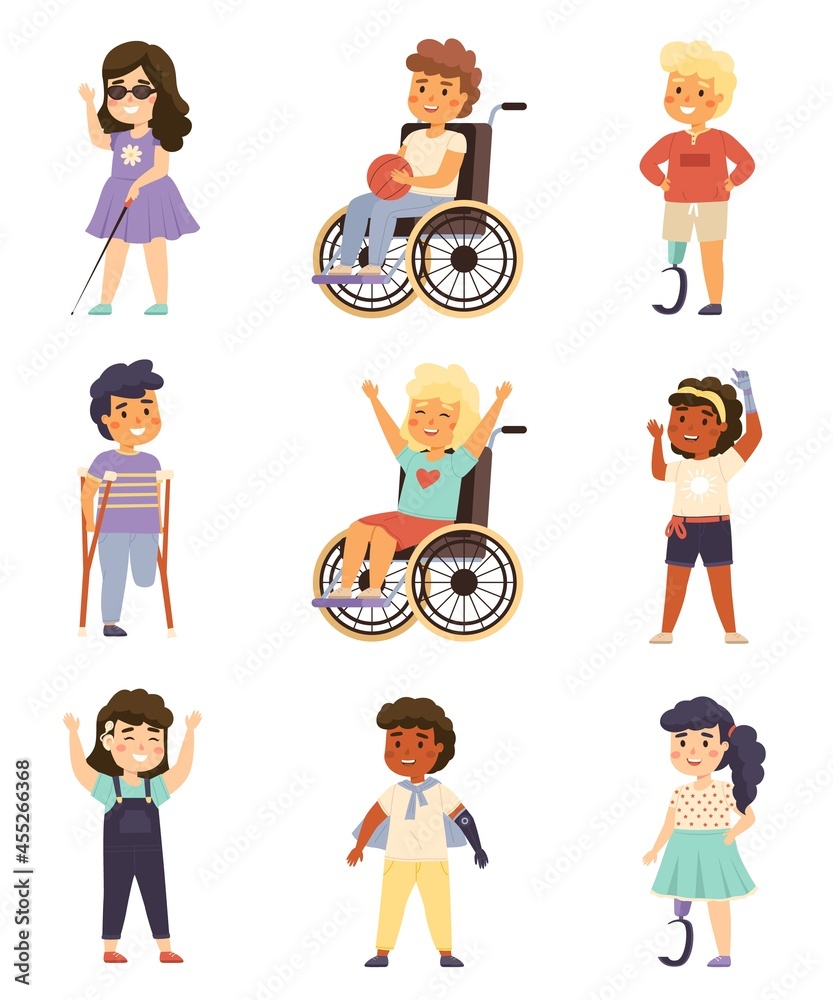 Disability kids. Cute handicapped children with crutches, prosthetic ...