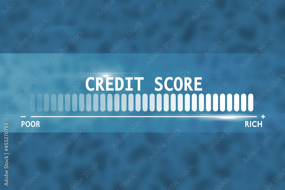 Abstract blue background with credit score scale from poor to rich ...
