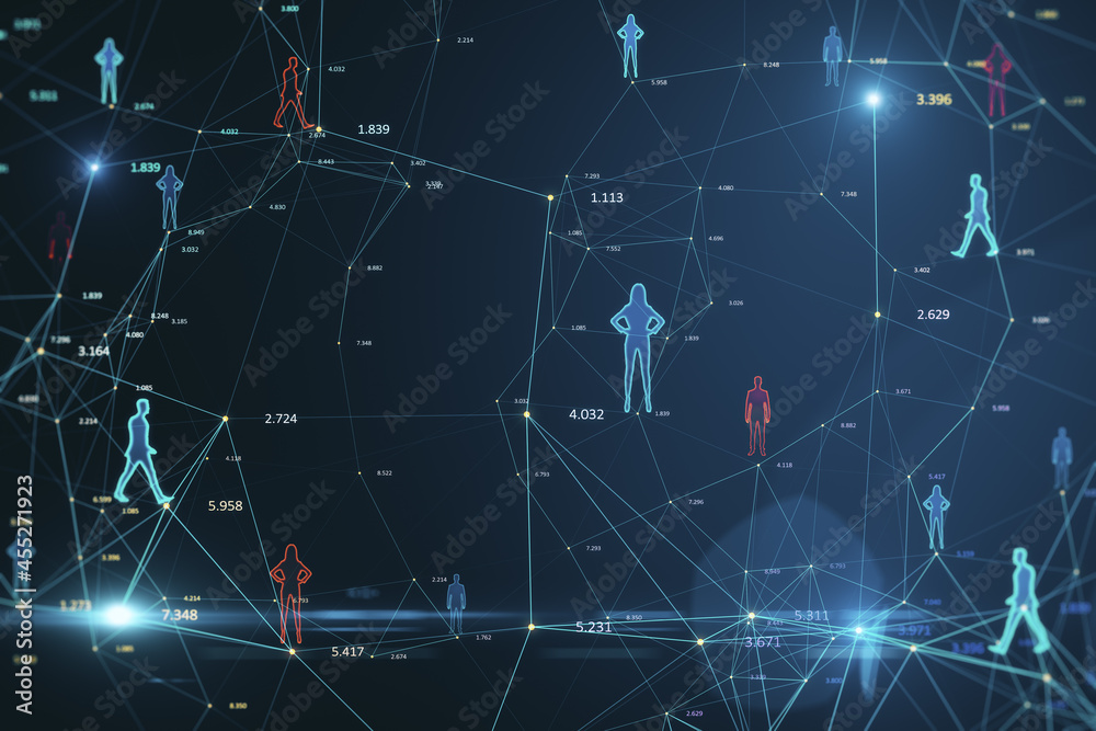 Creative glowing connected people icons on blue background. Population ... Creative glowing connected people icons on blue background. Population ...