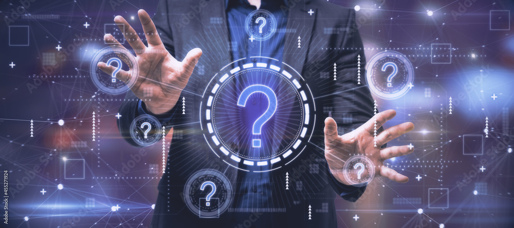 Businessman hands holding creative glowing question marks interface on ...