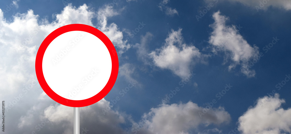 Empty red circle signboard, road sign on blue Sky. Stop halt allowed ...