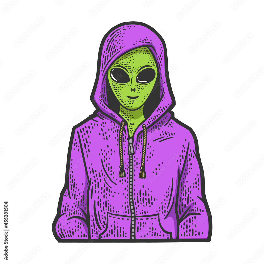 Alien in Hoodie sweatshirt line art sketch engraving vector ...