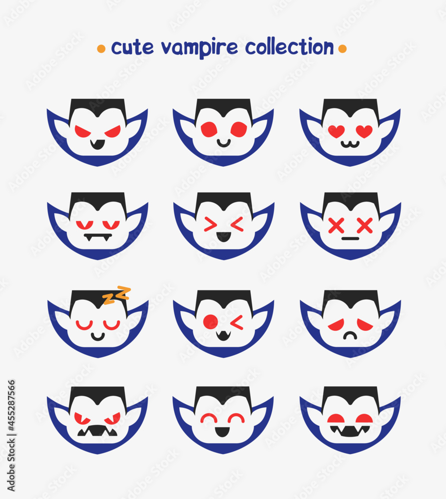 Collection of cute vampire faces. Hand drawn Halloween cute and kawaii ...