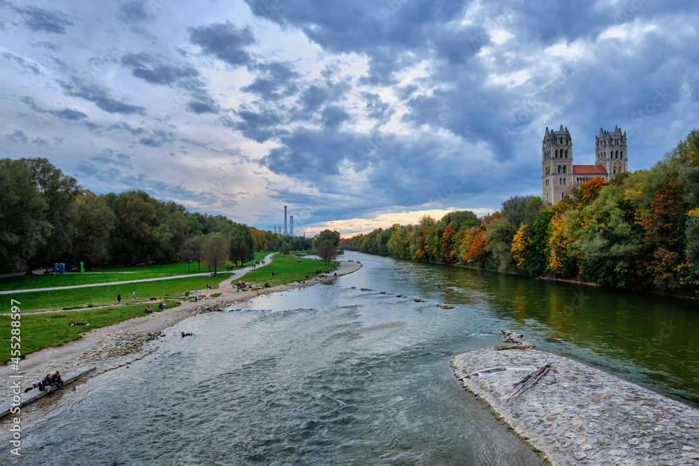 Isar river, park and St Maximilian church from Reichenbach Bridge ...