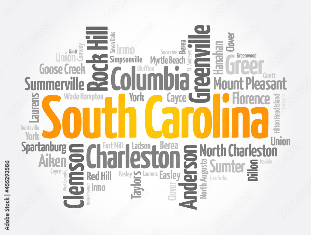 List of cities in South Carolina USA state, word cloud concept ...
