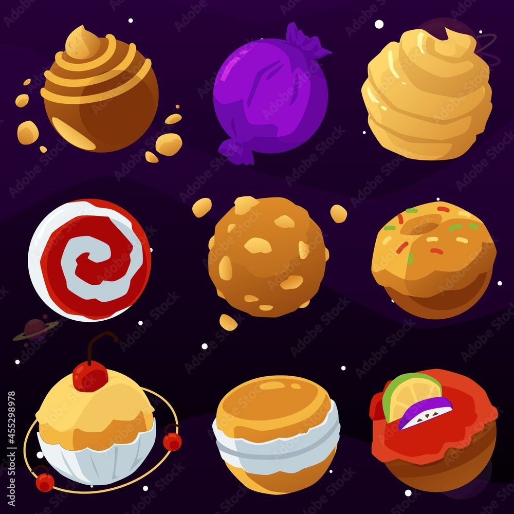 Vector cartoon space background with sweet food planets. Stock Vector ...