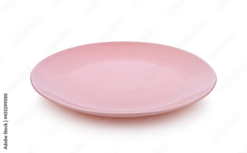 Pink ceramic plate on white background Stock Photo | Adobe Stock