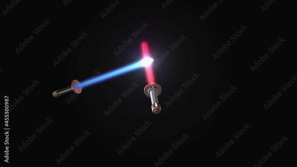 Two fighting laser sabers 3d motion 4k video. Light swords fight. Neon ...