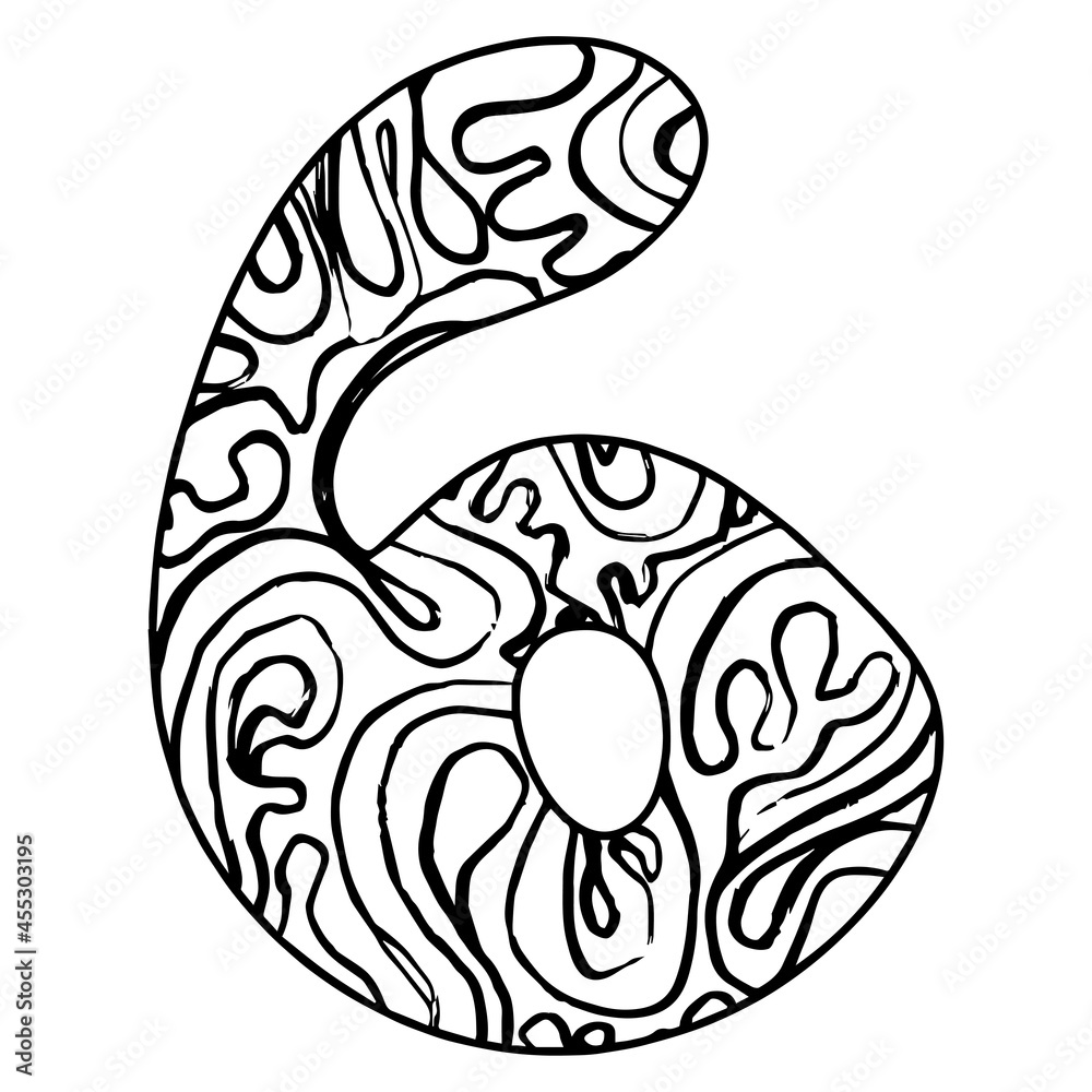 Zentangle stylized alphabet - number 6. vector illustration Black white ...