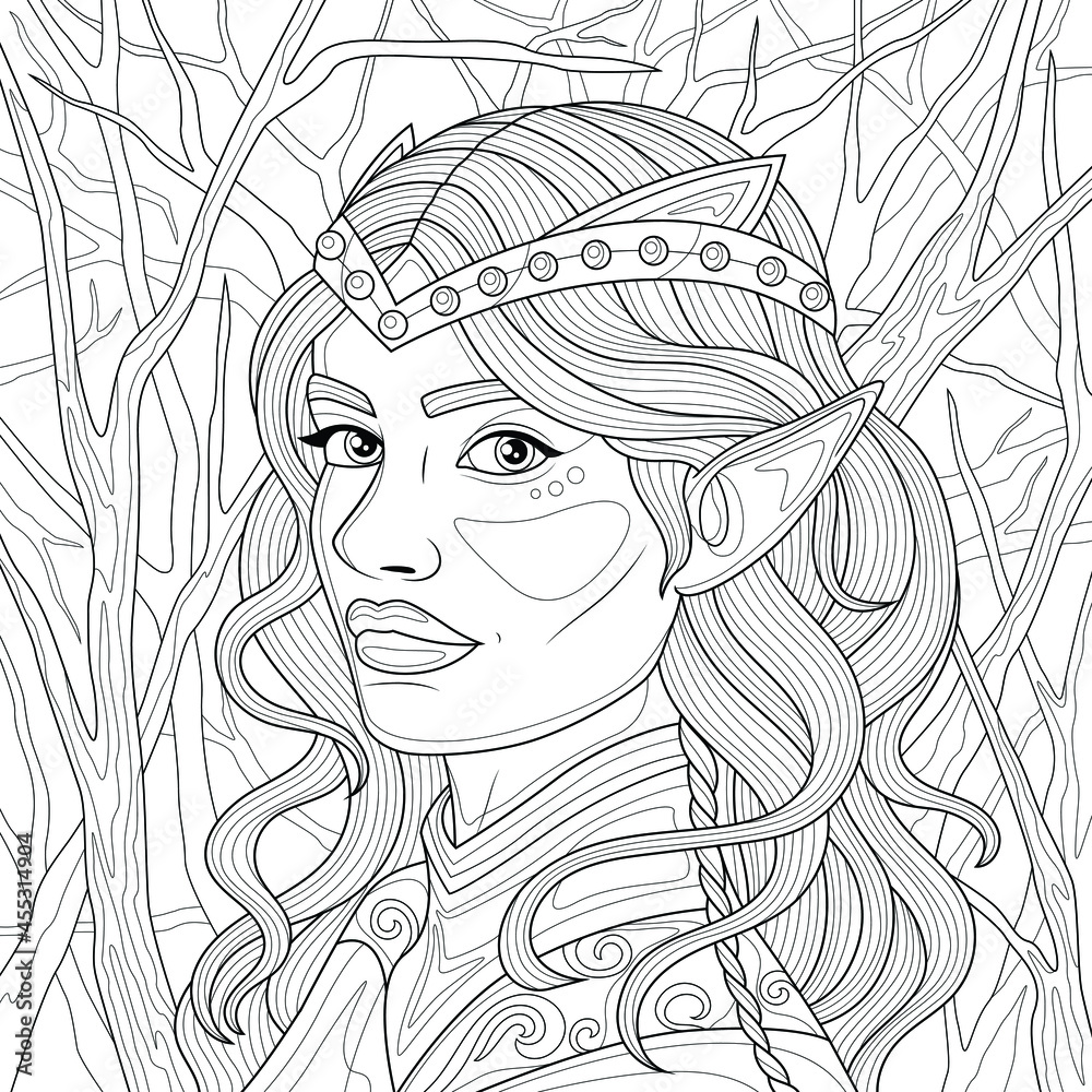 Elf girl in the forest.Coloring book antistress for children and adults ...