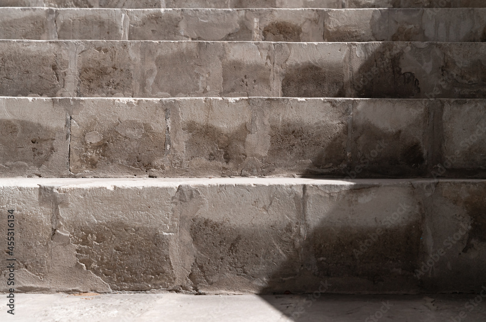 Selective focus. Concrete stair steps. Bottom up view. The width of the ...