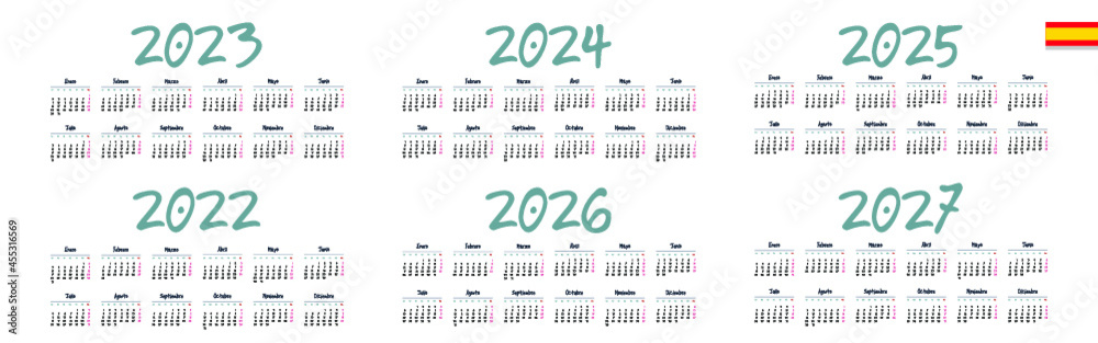 Spanish calendar 2022, 2023, 2024, 2025, 2026, 2027 on white background ...