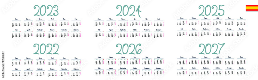 Spanish calendar 2022, 2023, 2024, 2025, 2026, 2027 on white background ...