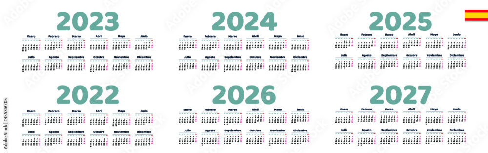 Spanish calendar 2022, 2023, 2024, 2025, 2026, 2027 on white background ...