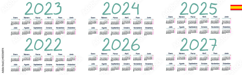 Spanish calendar 2022, 2023, 2024, 2025, 2026, 2027 on white background ...
