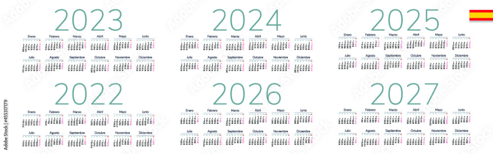 Spanish calendar 2022, 2023, 2024, 2025, 2026, 2027 on white background ...