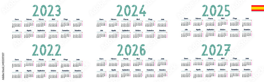 Spanish calendar 2022, 2023, 2024, 2025, 2026, 2027 on white background ...