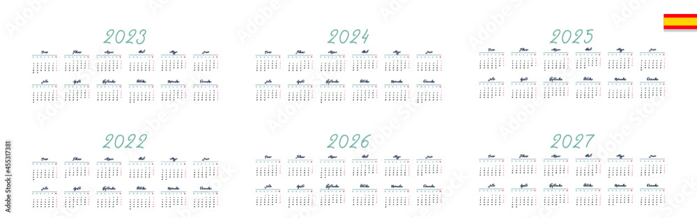 Spanish calendar 2022, 2023, 2024, 2025, 2026, 2027 on white background ...