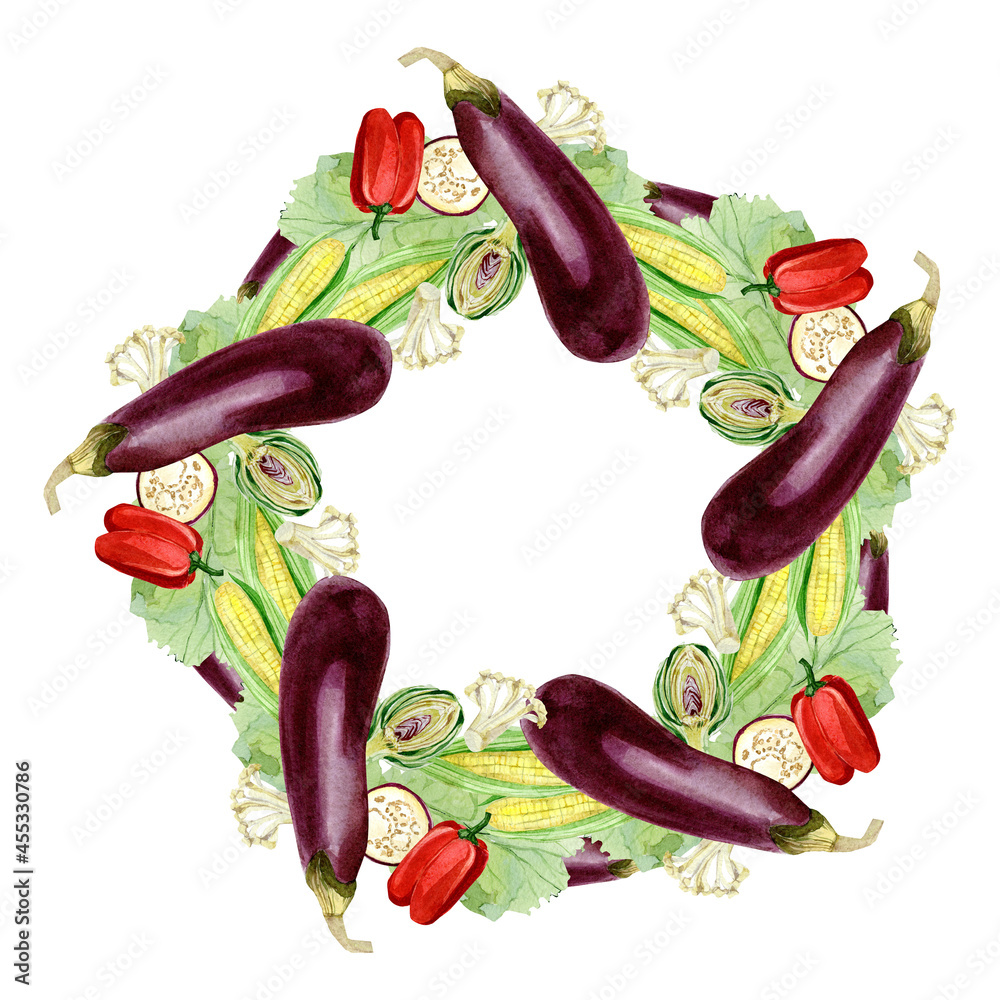 Watercolor vegetables wreath border eggplant, corn, pepper, cabbage ...