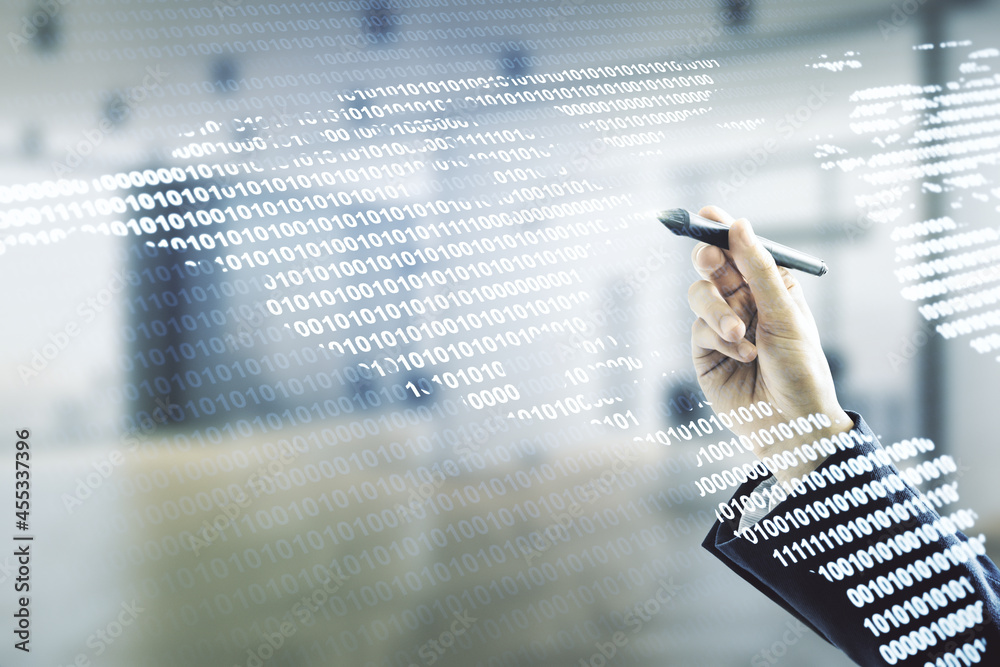 Man hand with pen working with virtual digital map of North America on ...