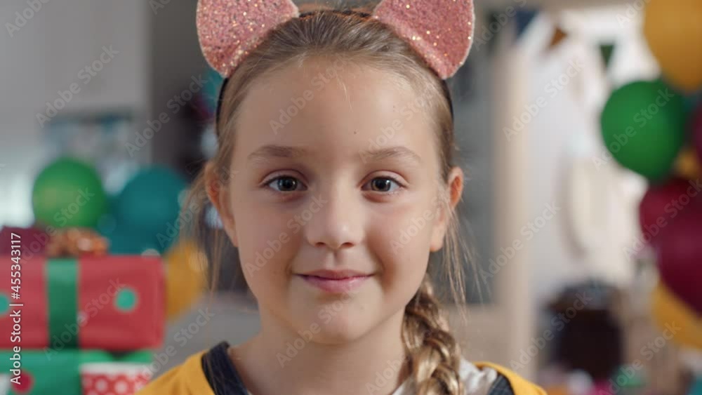 portrait cute little girl birthday party child smiling happy for fun ...