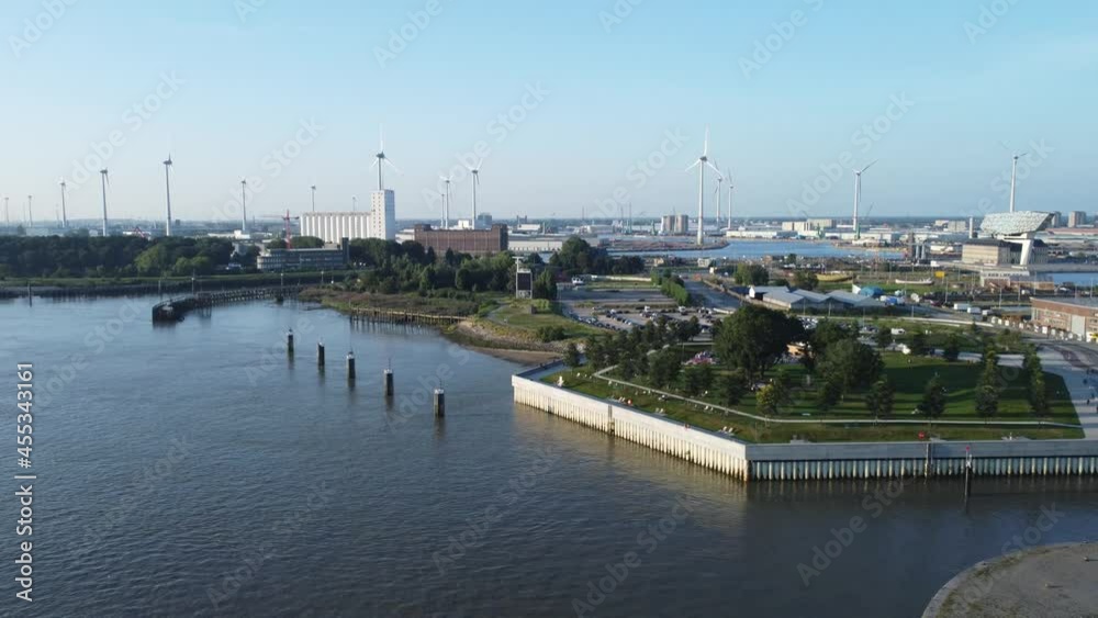 Drone video of droogdokkenpark over the river Scheldt Schelde with the ...