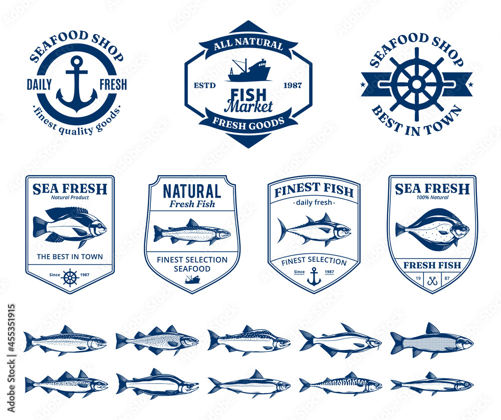 Vector seafood design elements, label templates, emblems and fish ...