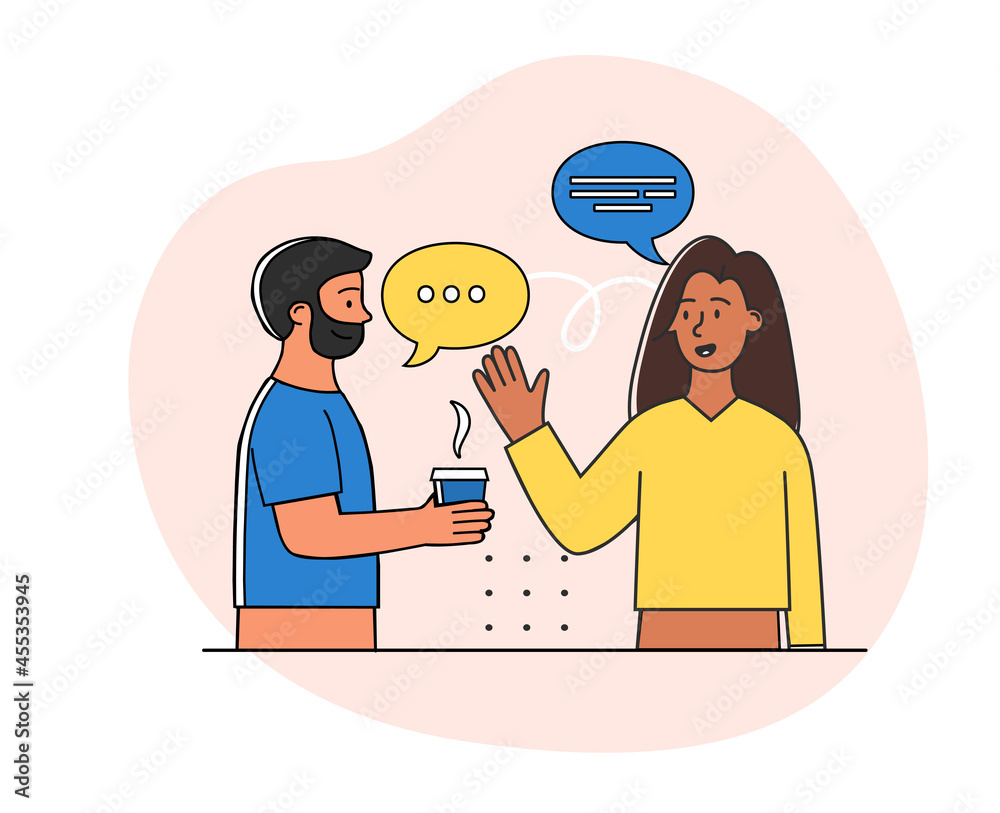 Young couple talking. Girl welcomes man with coffee. Dialogue between ...