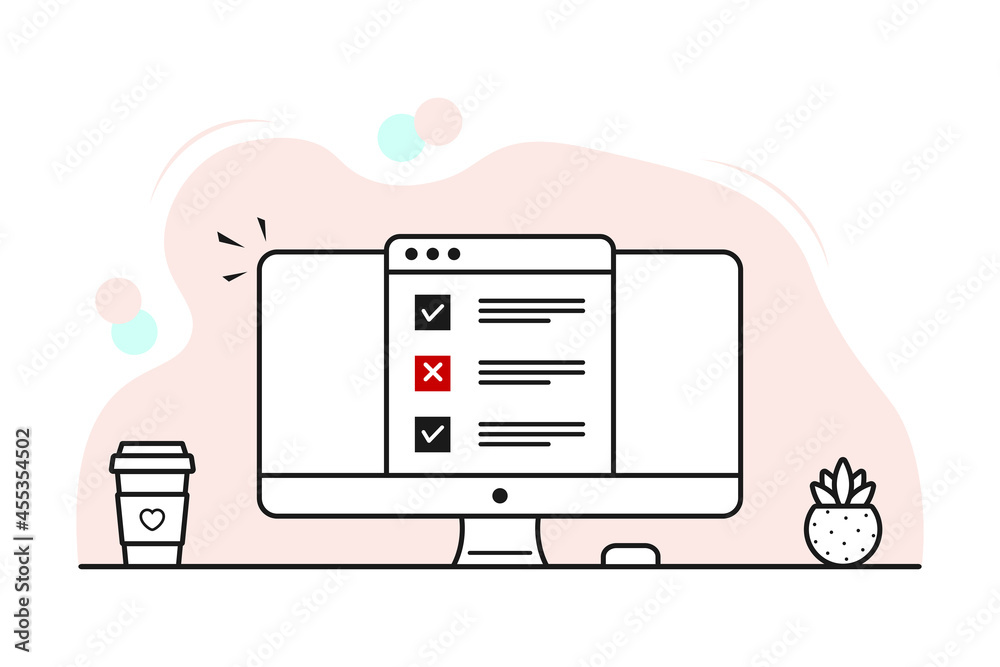 Computer with checklist. Workspace with computer, plant, coffee cup and browser with flags ...