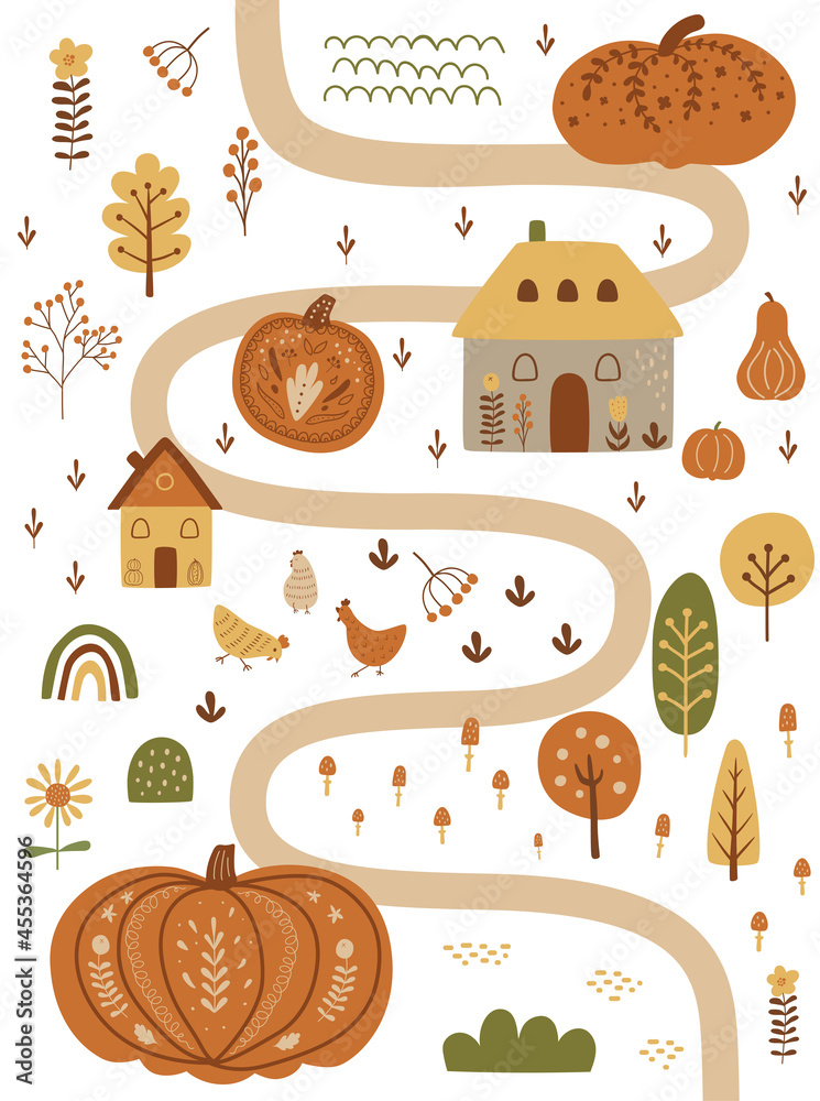 Autumn pumpkin harvest festival in village. Cute map with pumpkins ...