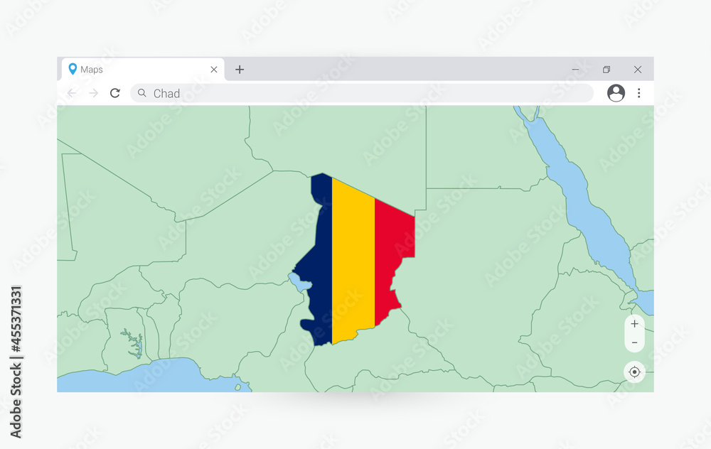 Browser window with map of Chad, searching Chad in internet. Stock ...
