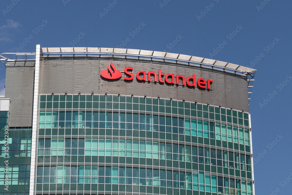 Poland, Poznan - 05 Sep, 2021: Santander logo in the Santander bank ...