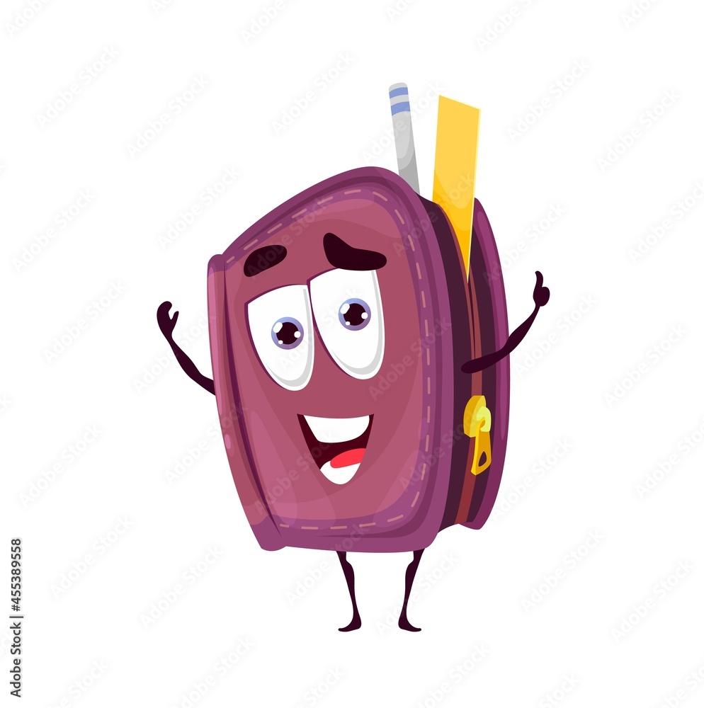 Cartoon cute school pencil case or pencil-box character. School-box or ...