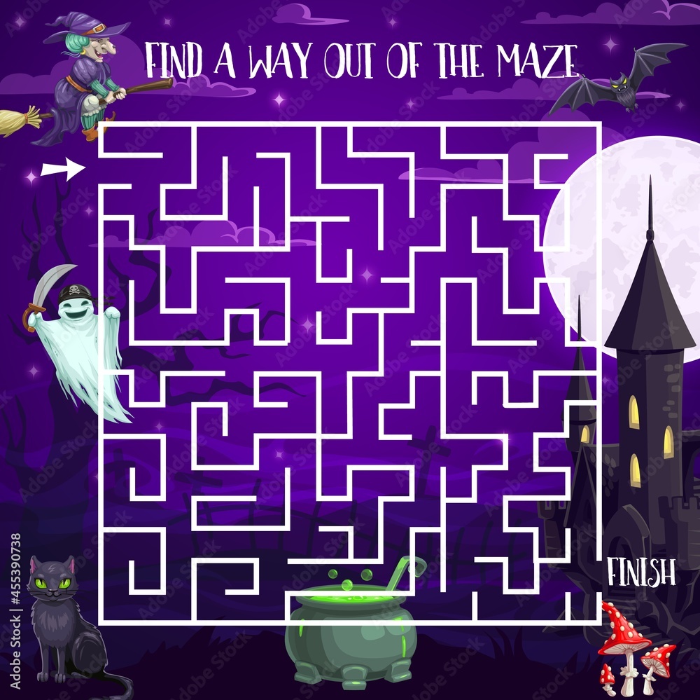 Halloween night labyrinth maze kids game with spooky characters. Vector ...