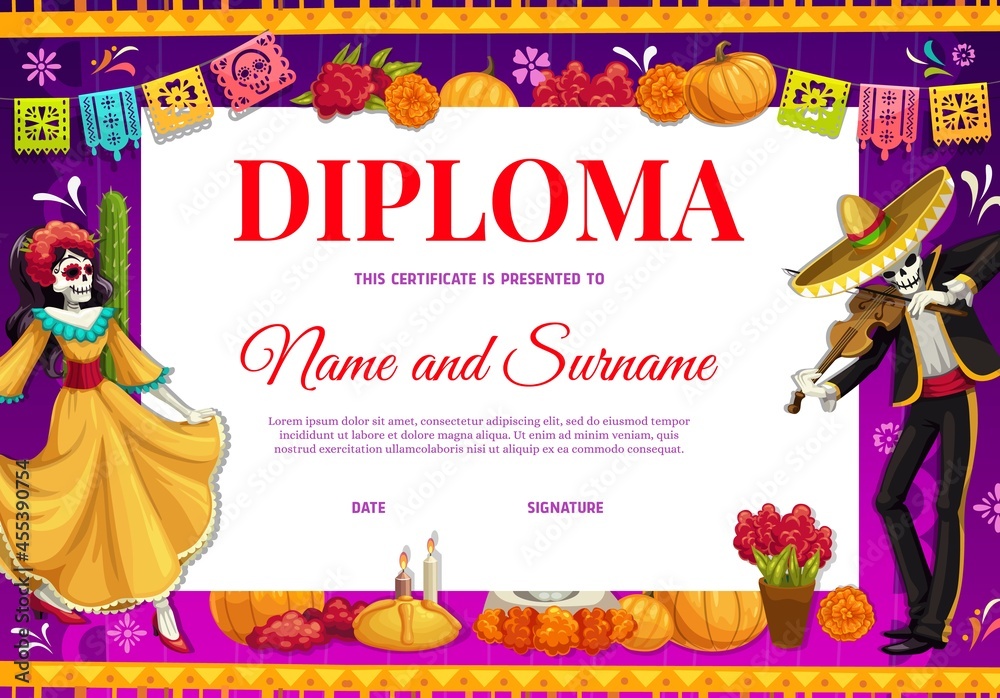 Diploma with cartoon Mexican characters, education certificate, vector ...