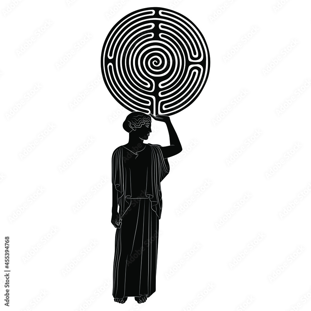 Ariadne. Standing ancient Greek woman or goddess holding a round spiral ...