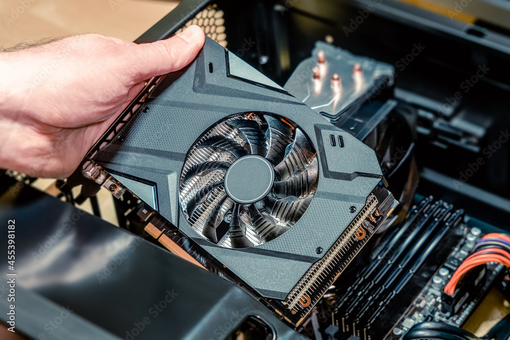 Installing a video card on the motherboard. Installing computer ...