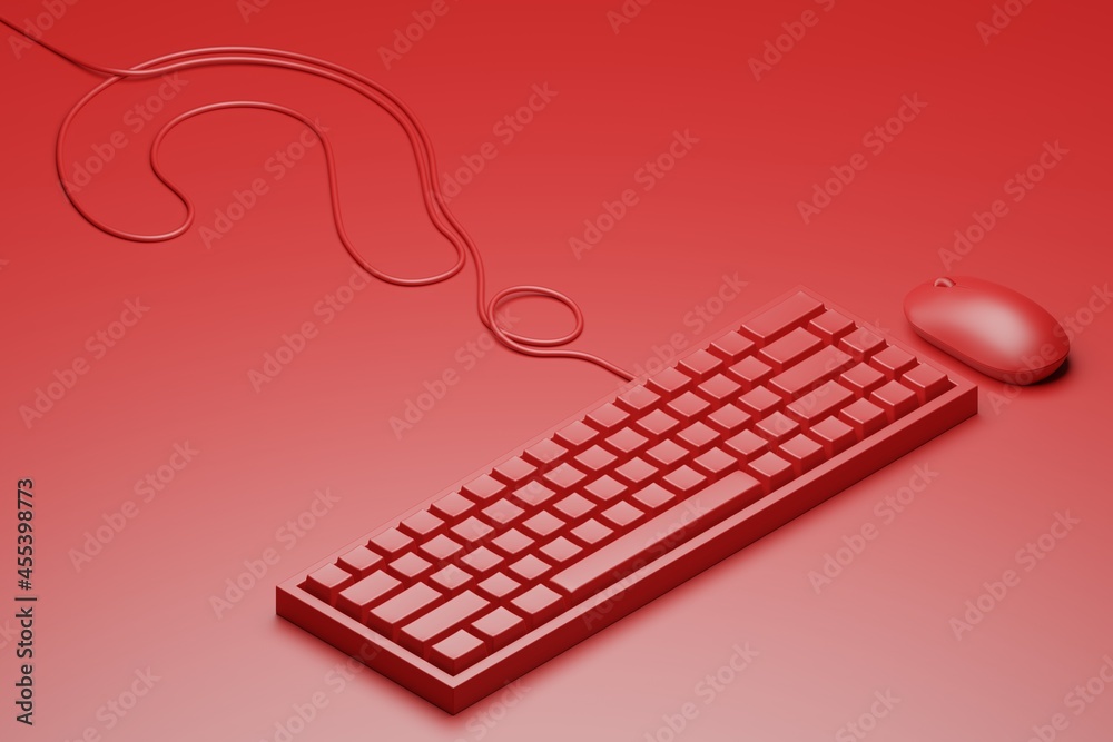 Isometric 3D rendering Mouse and keyboard red color with Question mark ...