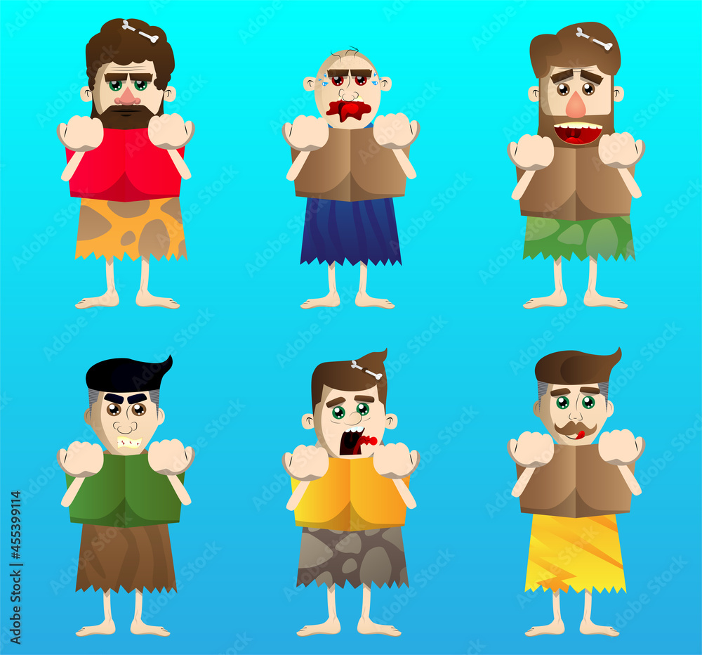 Cartoon prehistoric man reading book and hiding behind it. Vector ...