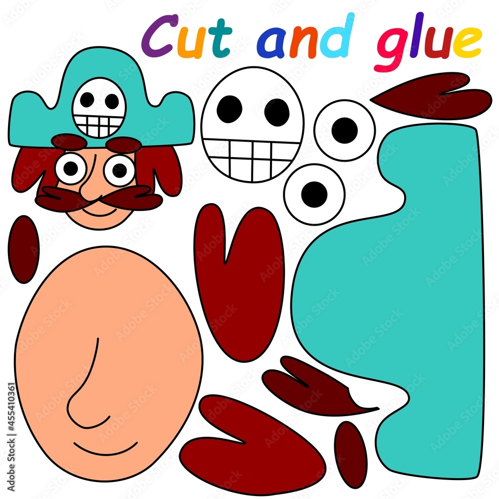 Pirate cut and glue game for kids vector illustration. Funny cartoon ...
