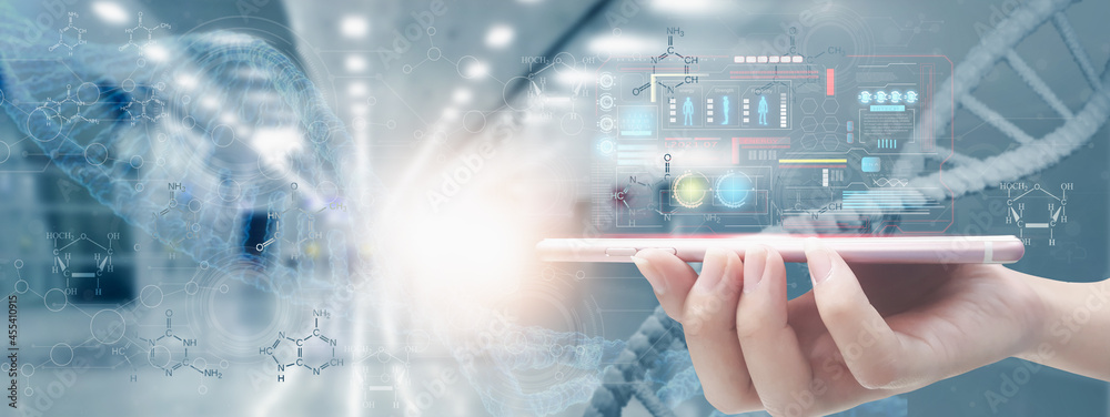 Woman doctor or scientist holding futuristic smartphone device analysis ...