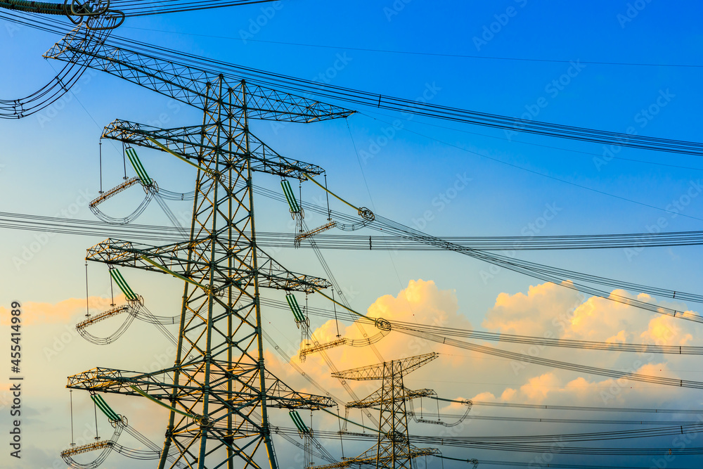 High voltage power tower industrial landscape at sunrise,urban power ...