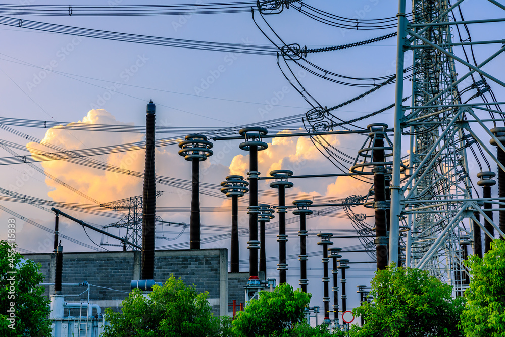 High voltage substations,urban power supply lines. Stock Photo | Adobe ...