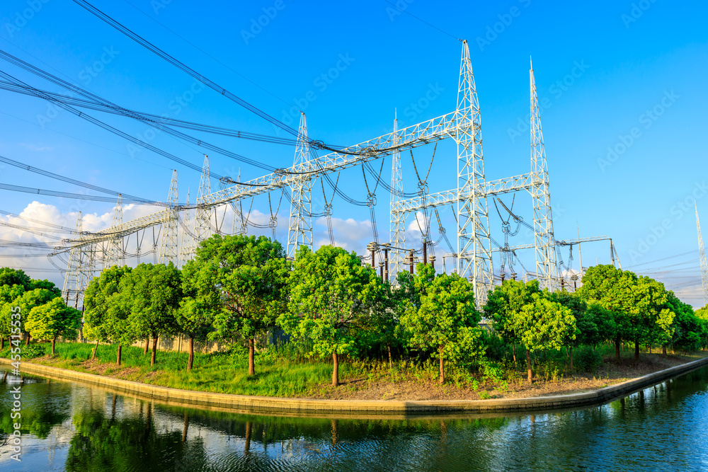 High voltage substations,urban power supply lines. Stock Photo | Adobe ...