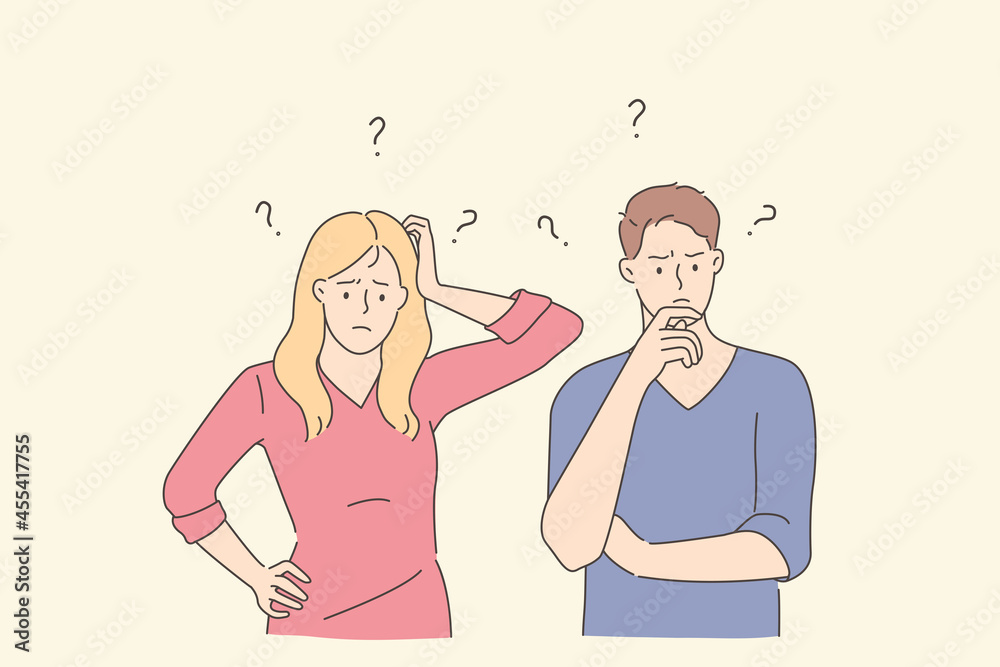 Frustration, challenge and question concept. Young frustrated couple ...